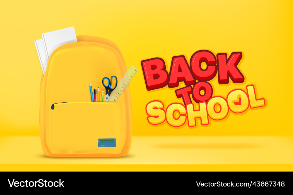 Yellow school bag with stationery and back Vector Image