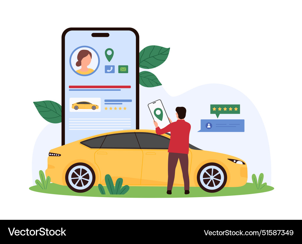 Rent car in mobile app tiny man booking vehicle Vector Image