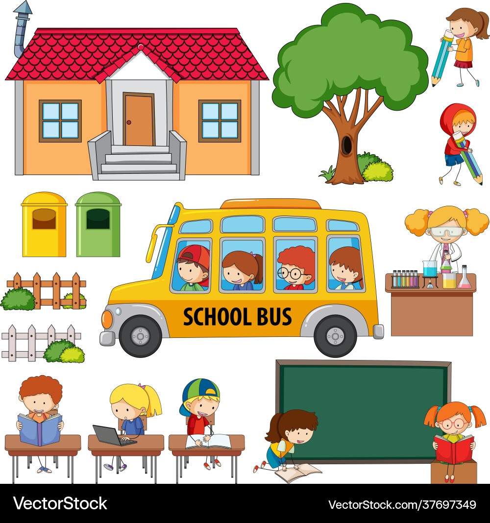 School set with many student cartoon character Vector Image