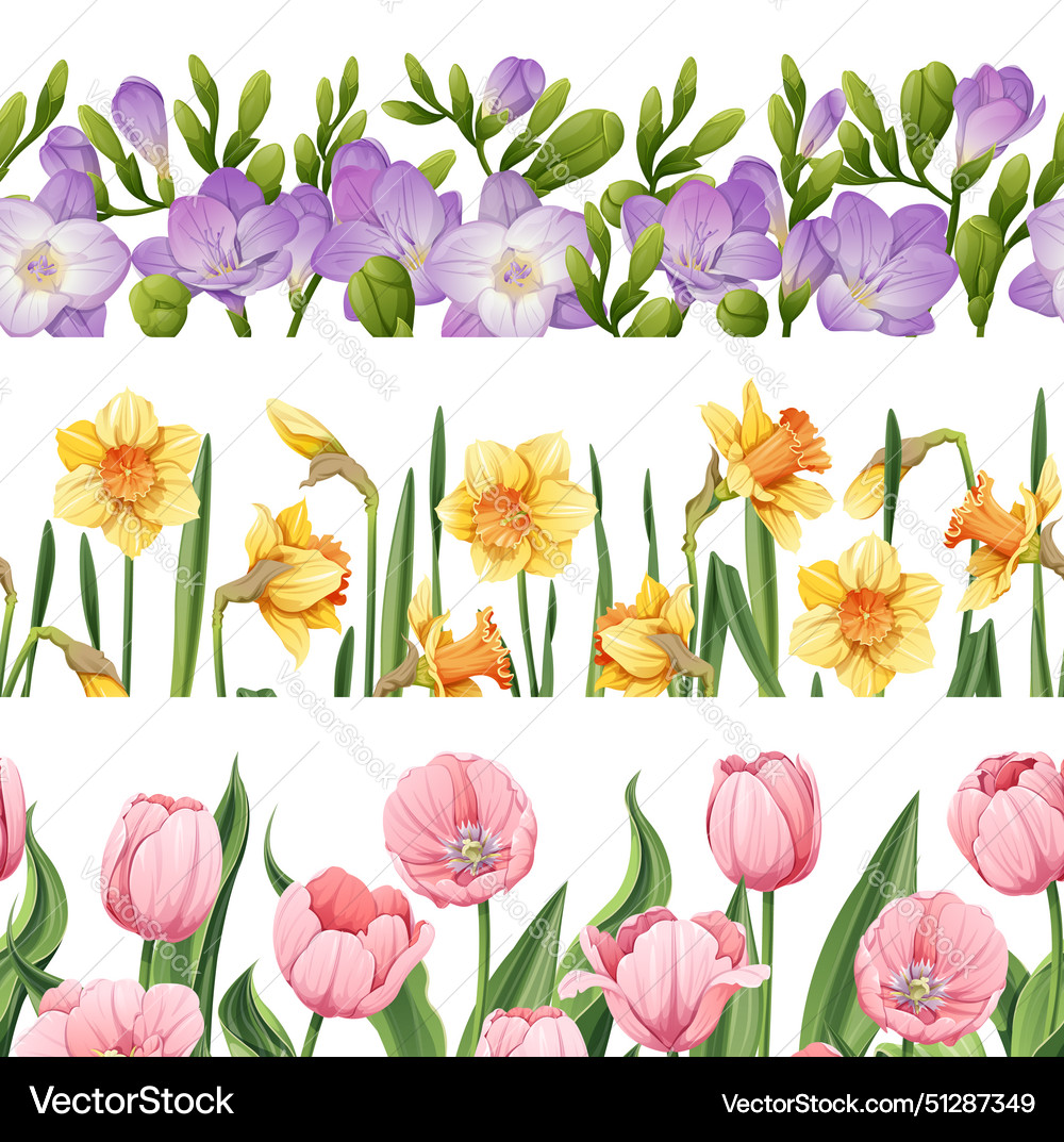 Set of seamless borders spring flowers Royalty Free Vector