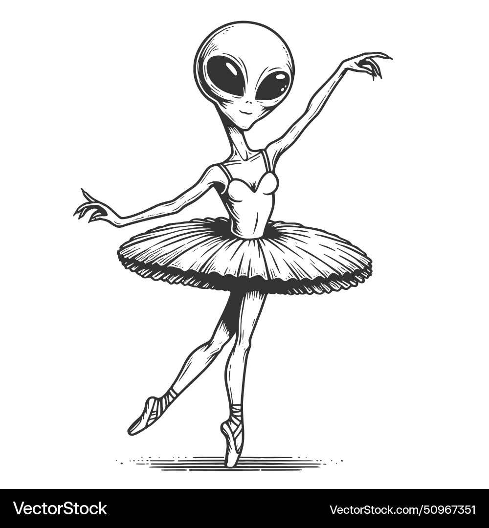 Alien ballerina character engraving Royalty Free Vector