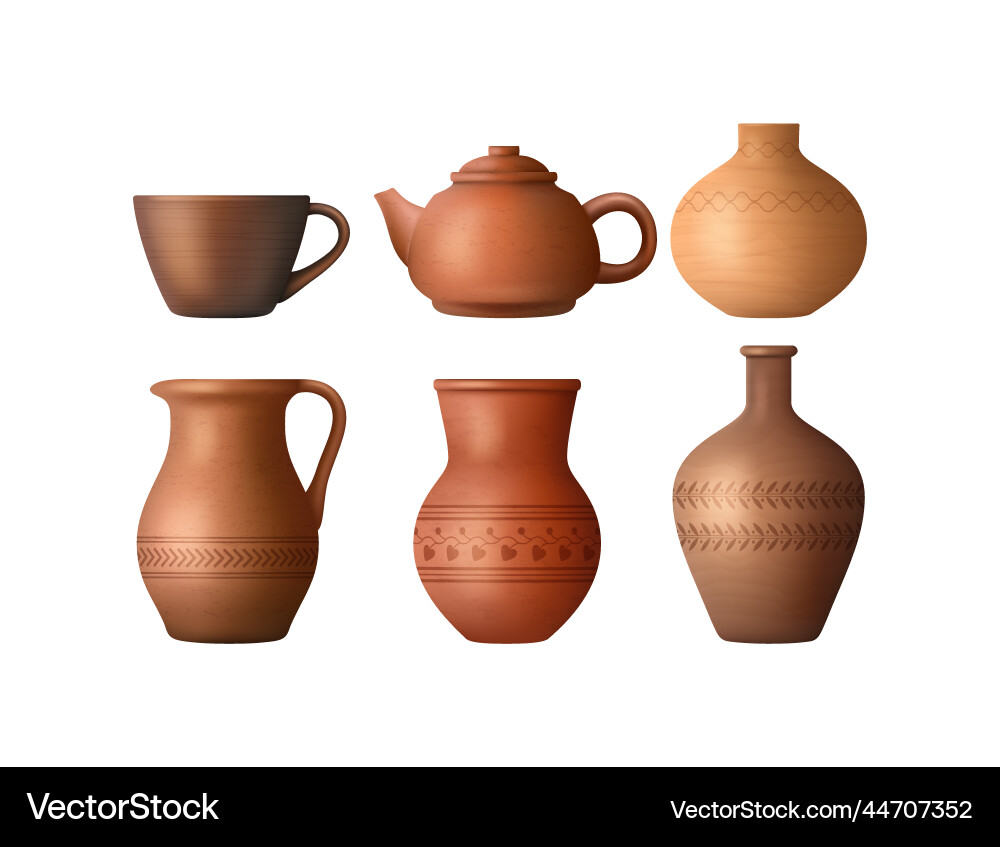 Clay pots hand made realistic authentic Royalty Free Vector