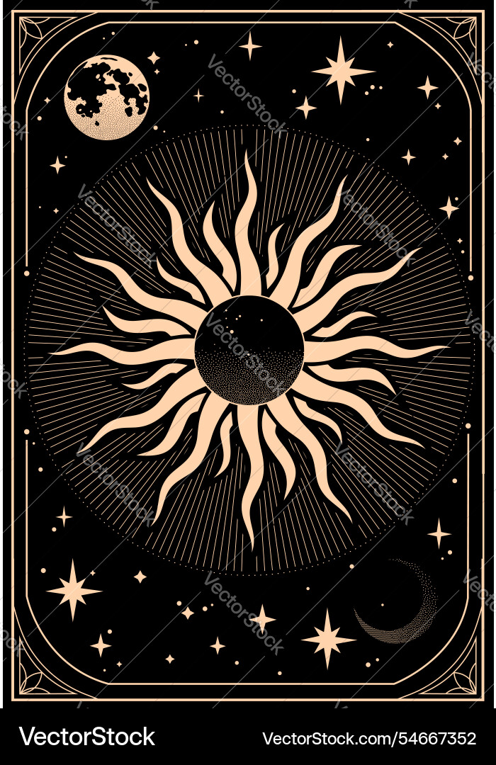 Mystical rectangular composition of the sun moon Vector Image