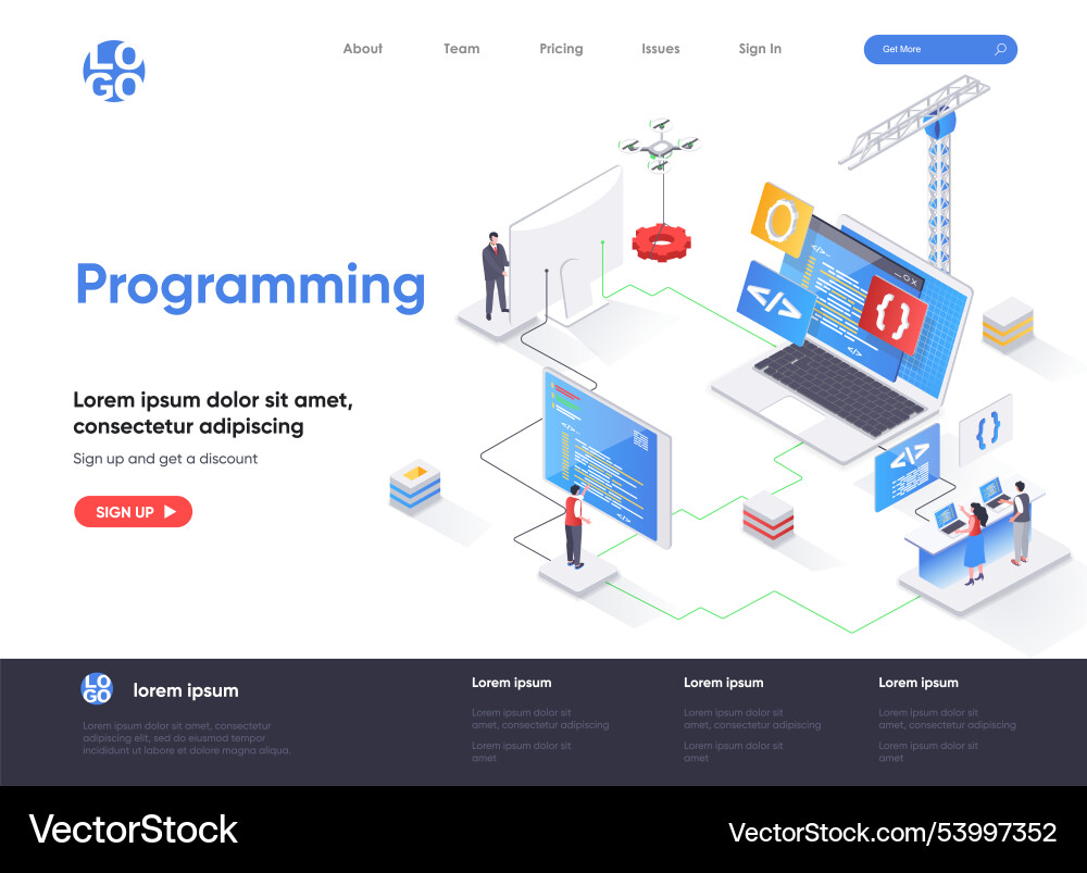 Programming isometric landing page full stack Vector Image
