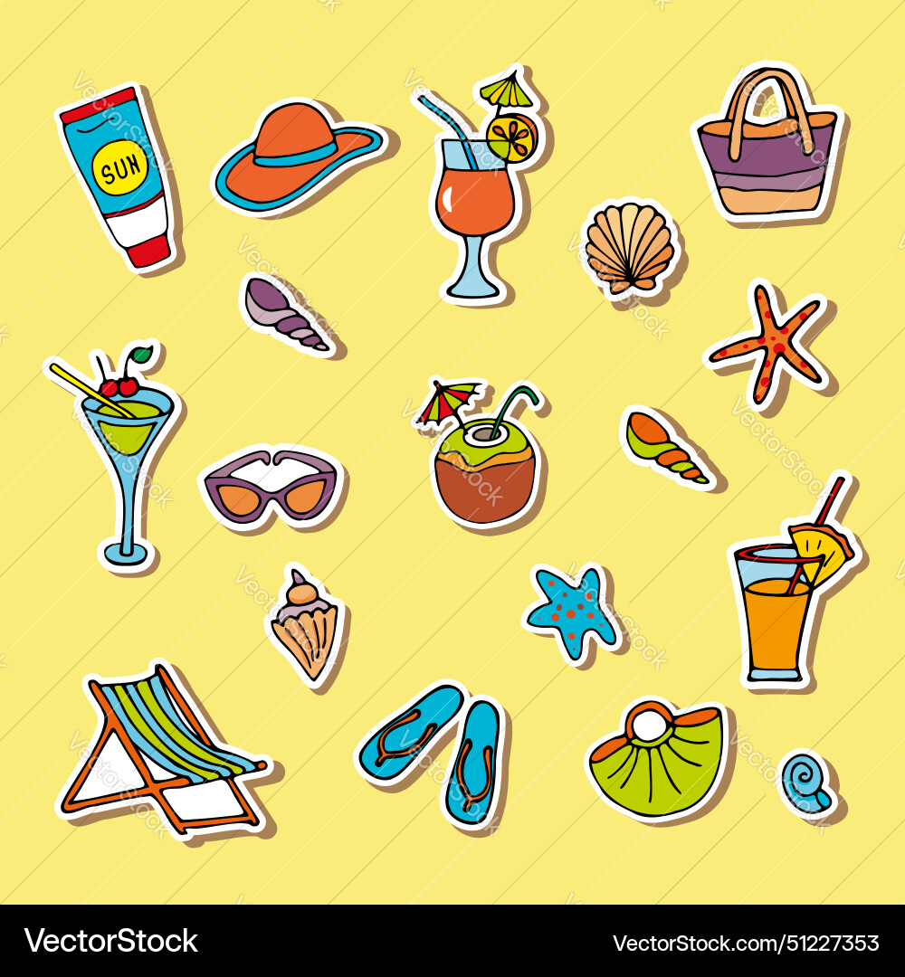Set of color stickers beach items Royalty Free Vector Image