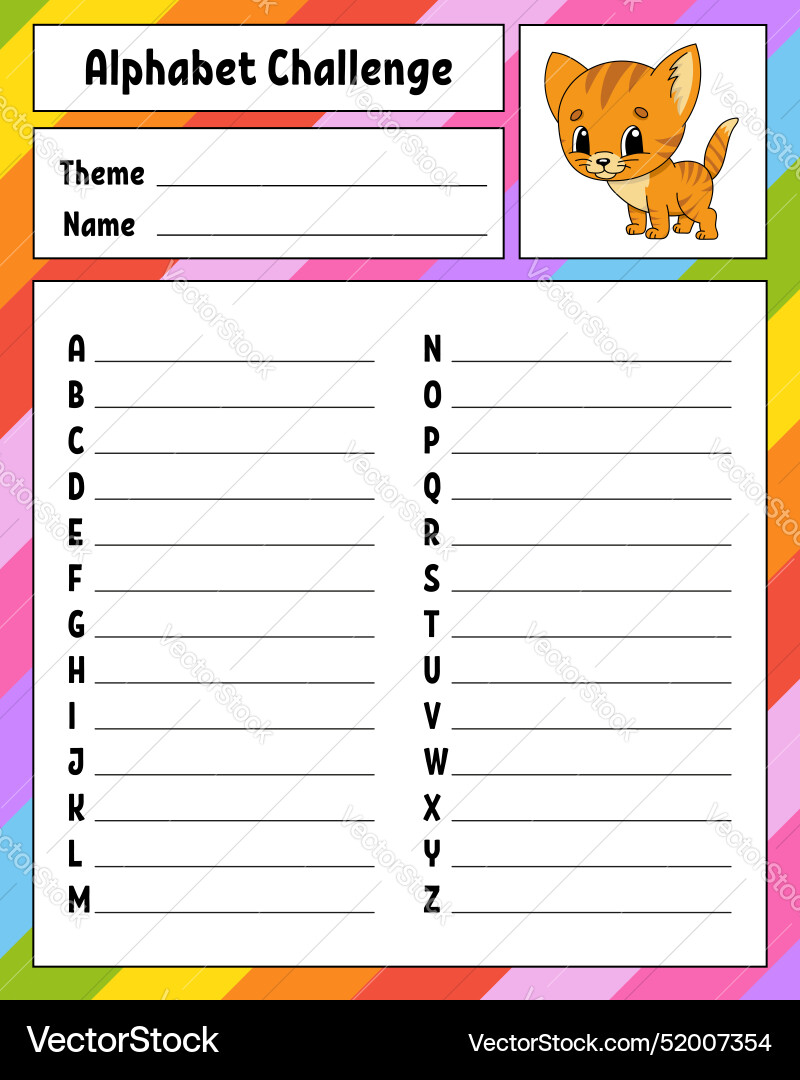 Alphabet challenge educational activity worksheet Vector Image