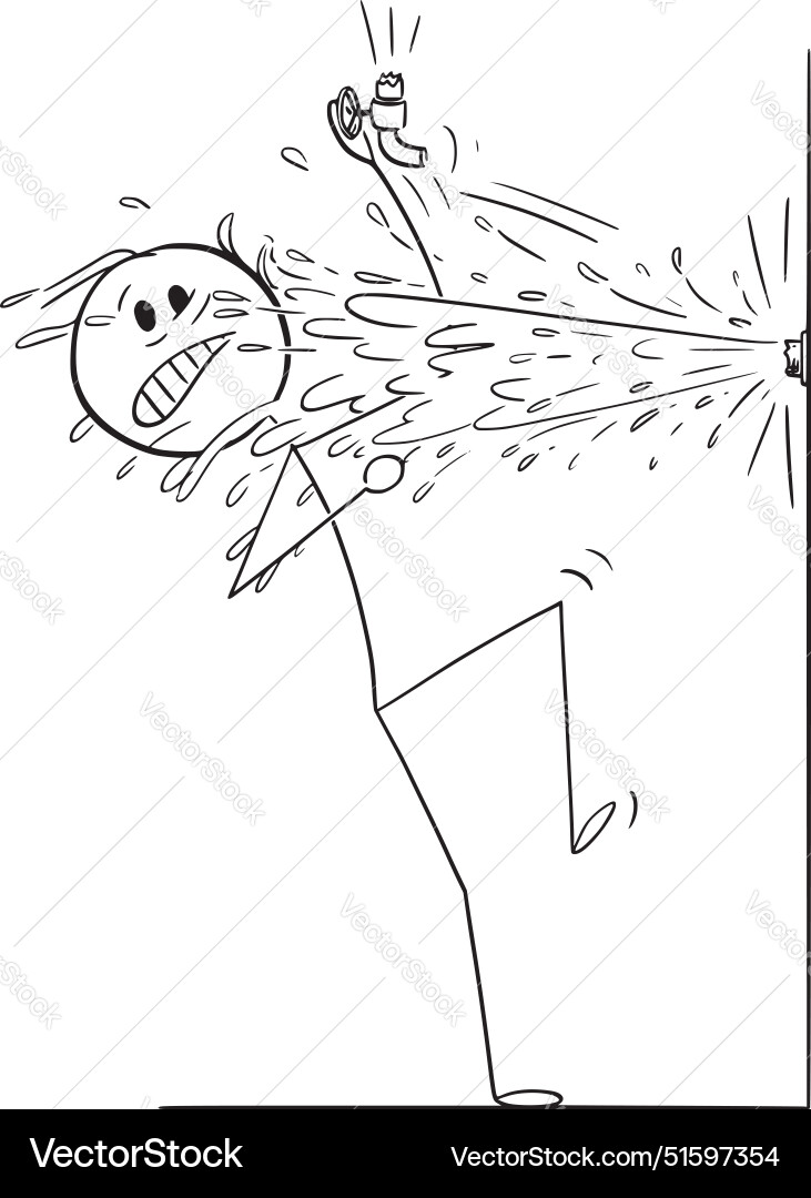 Broken water pipe cartoon stick figure Royalty Free Vector