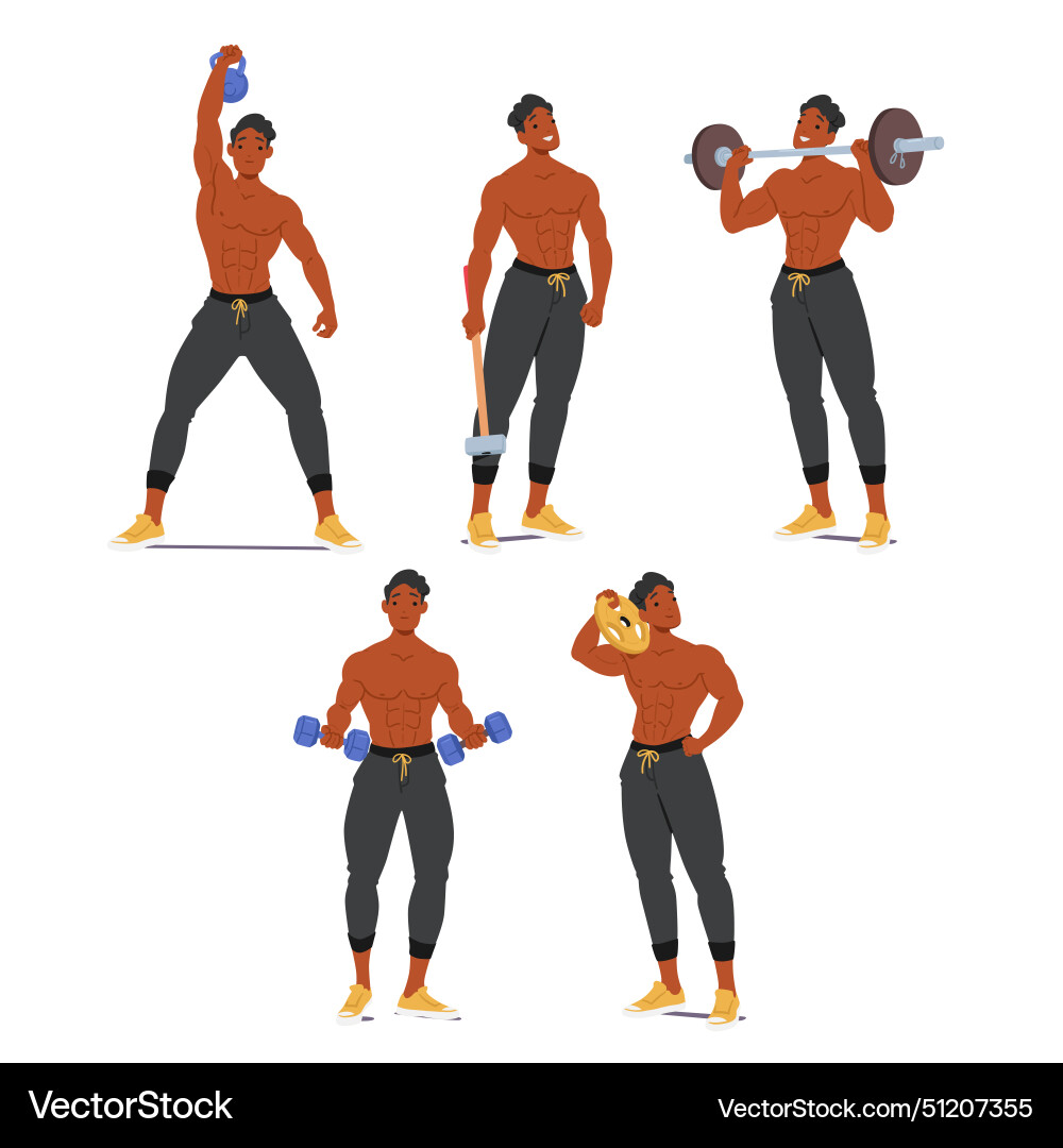 Bodybuilder character lifting barbell kettlebell Vector Image