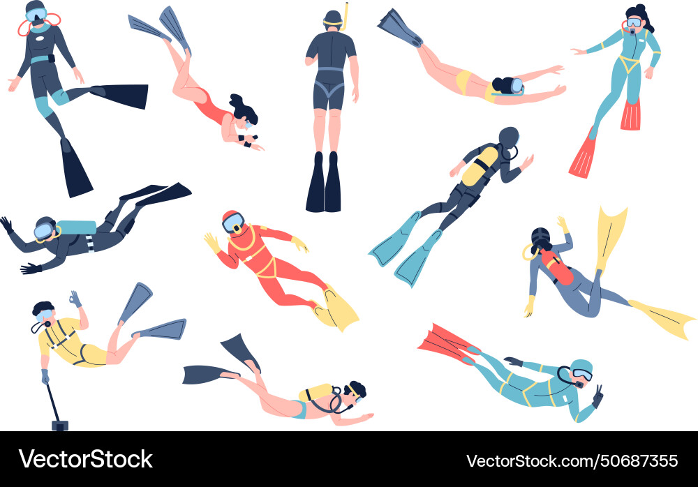 Divers characters people diving with oxygen Vector Image