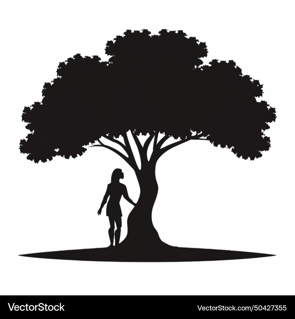 Woman walk under tree silhouette black Royalty Free Vector