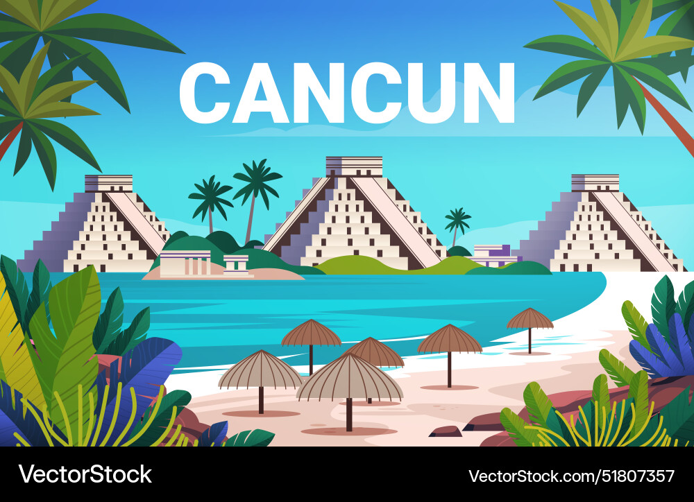 Cancun beach scene with mayan pyramids palm trees Vector Image