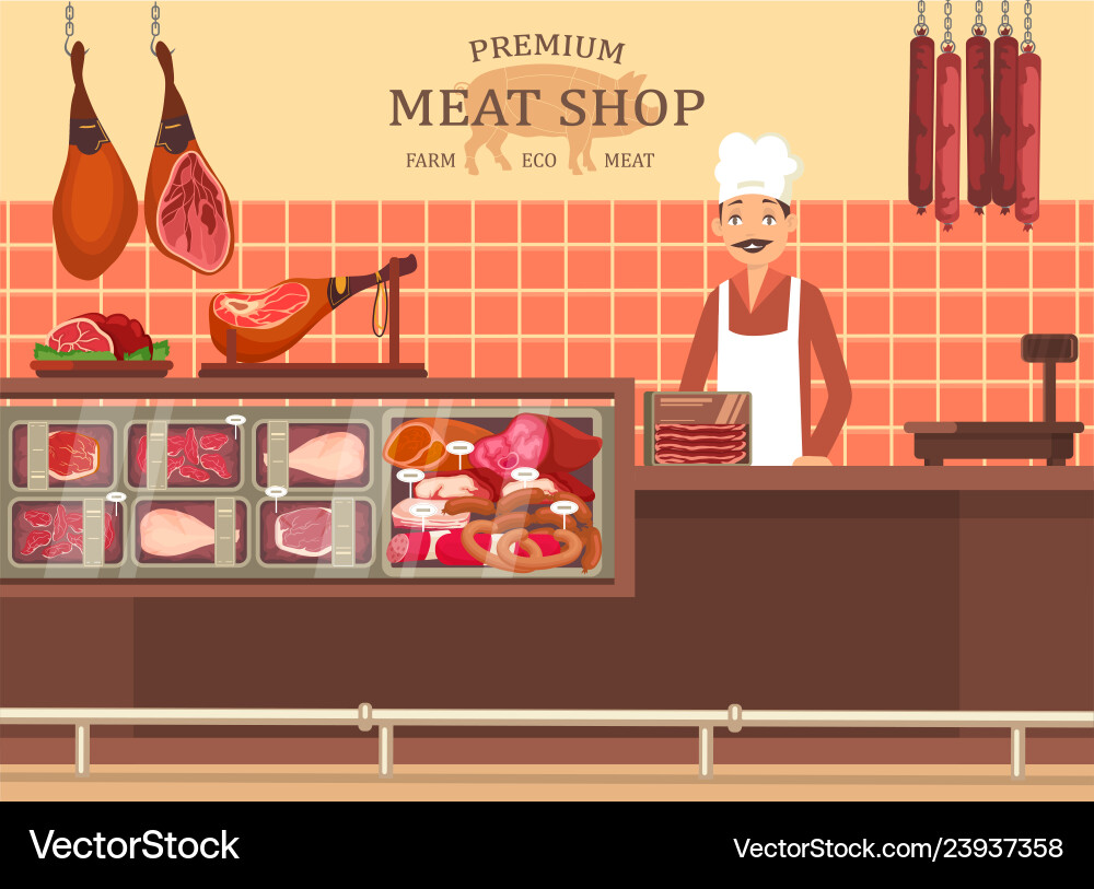 Butcher man at meat store showcase with ham Vector Image
