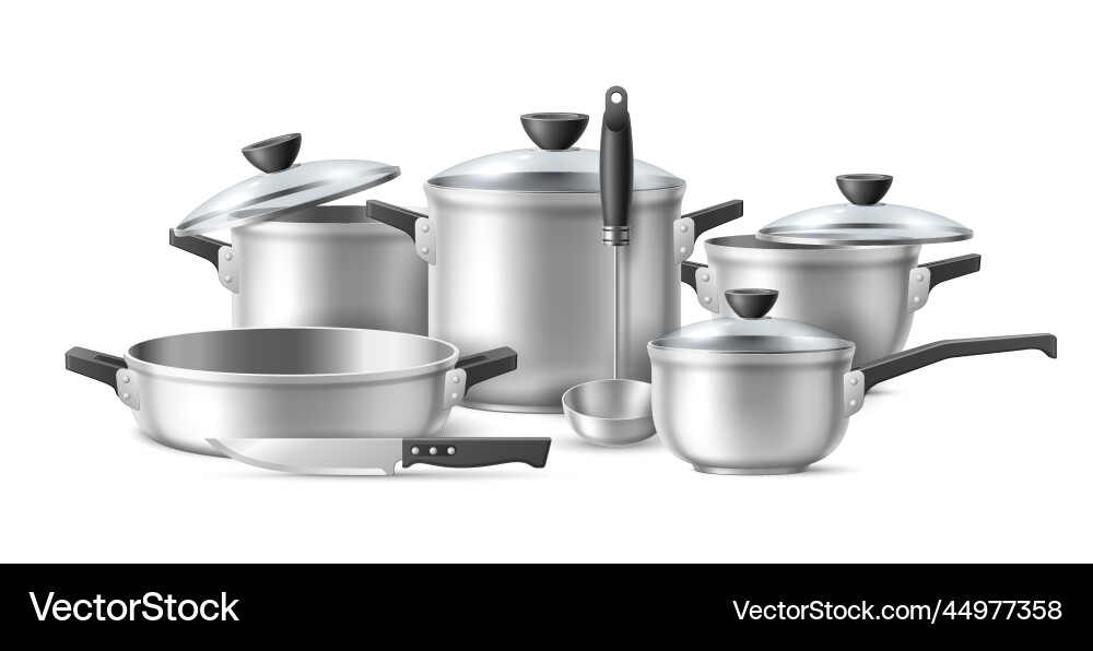 Realistic cookware silver shiny kitchenware Vector Image
