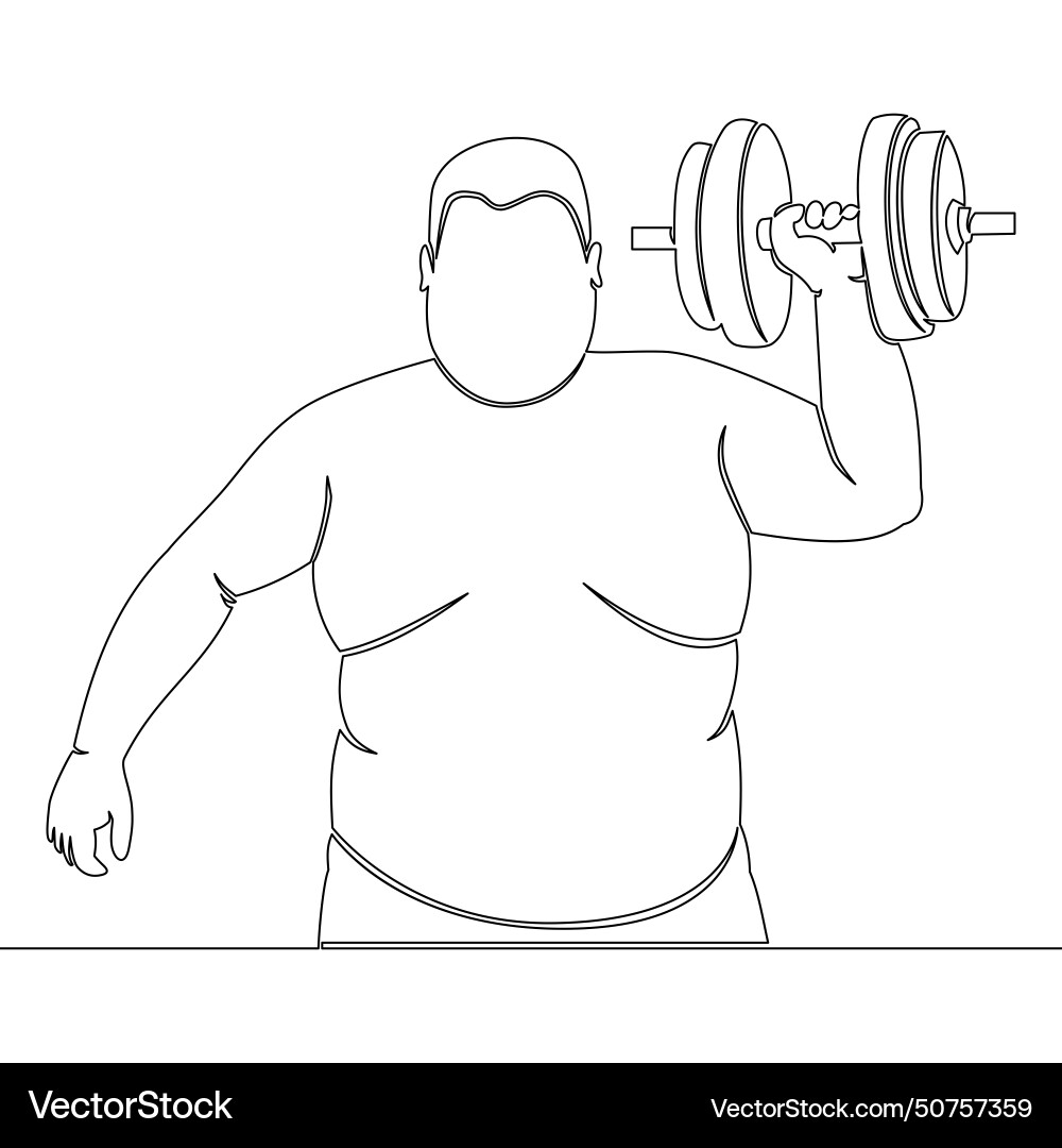 Continuous line overweight man lifts a dumbbell Vector Image