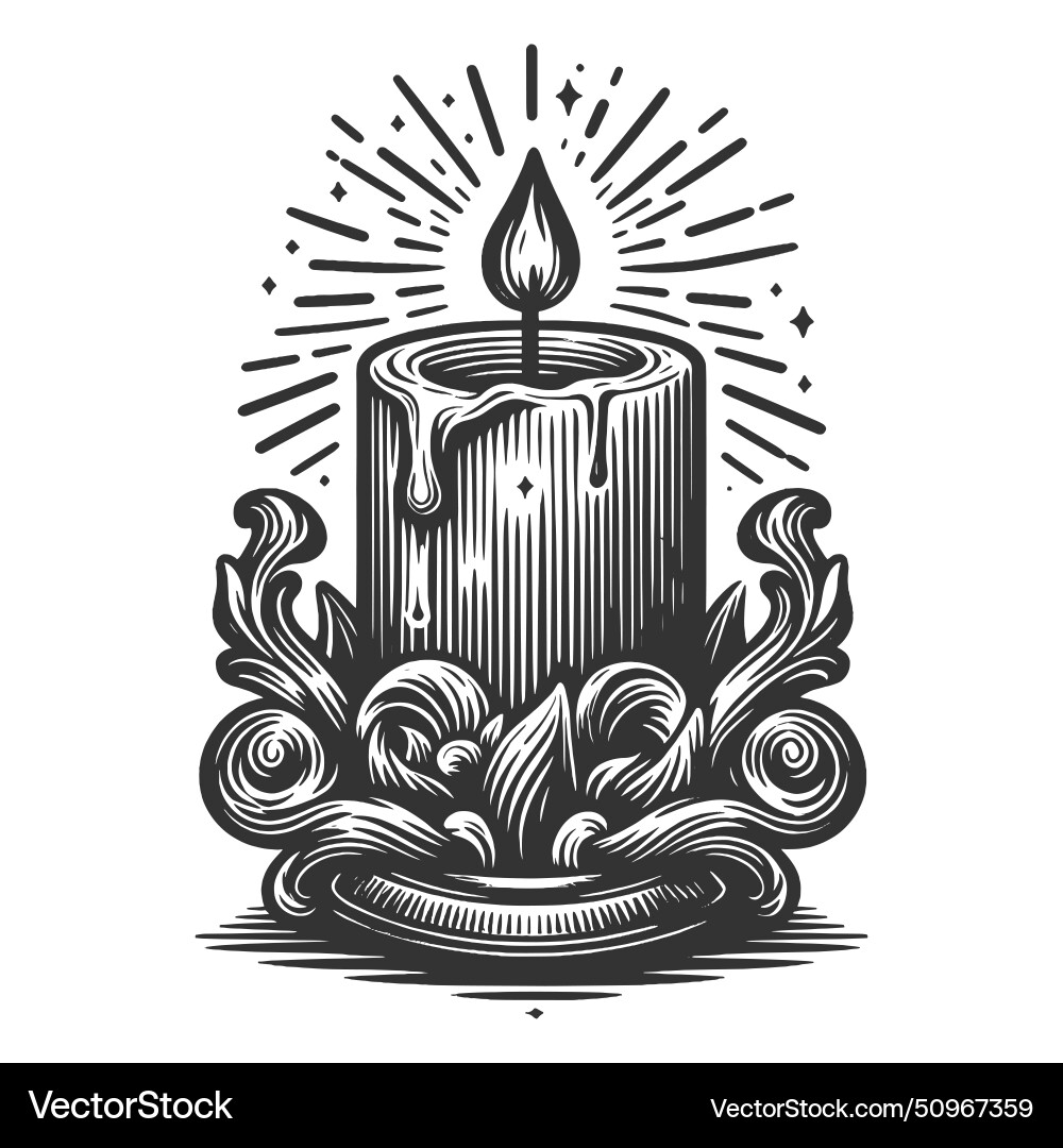 Lit candle in holder engraving Royalty Free Vector Image