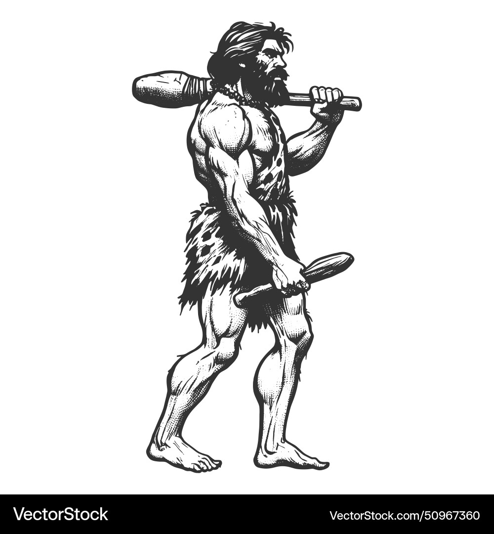 Caveman with club engraving Royalty Free Vector Image