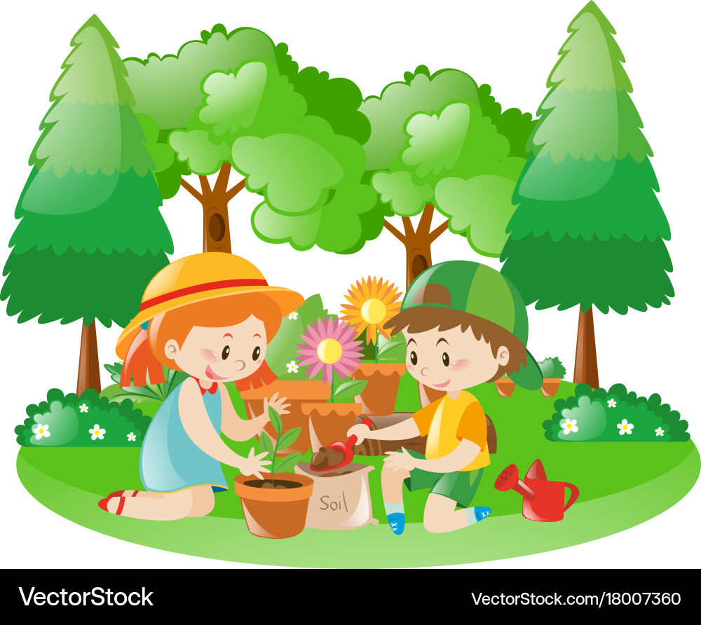 Two kids planting tree in garden Royalty Free Vector Image