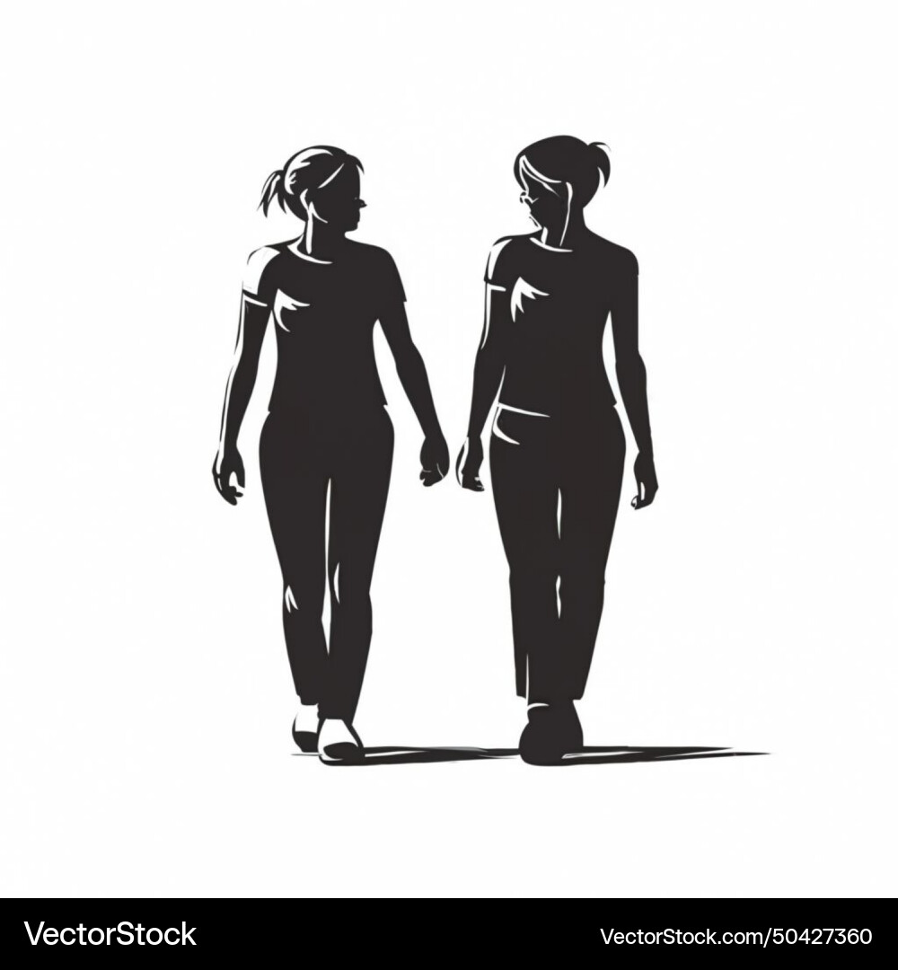 Two young girls silhouette black Royalty Free Vector Image