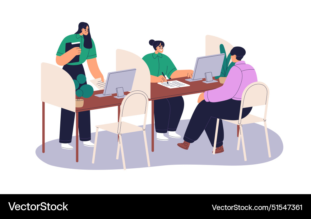 Client consulting with bank adviser at desk Vector Image