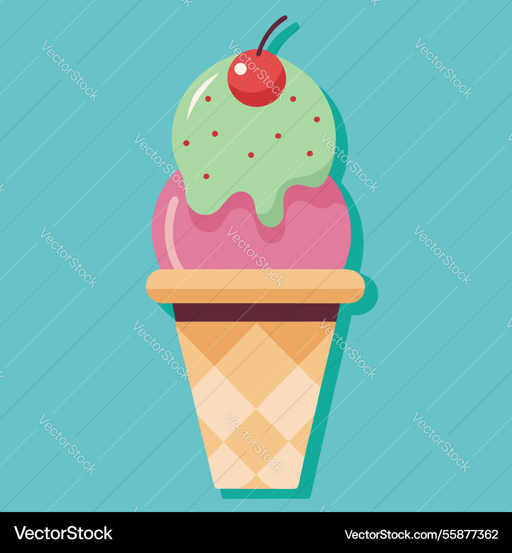 Delicious two-scoop ice cream cone with a cherry Vector Image
