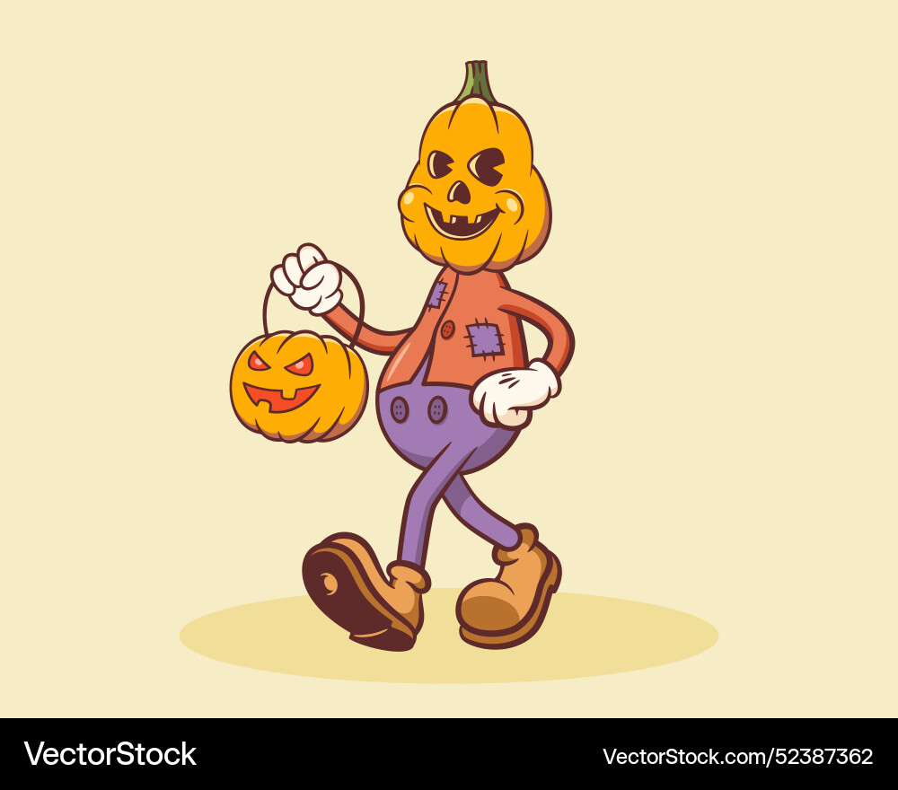 Halloween groovy pumpkin retro character cartoon Vector Image