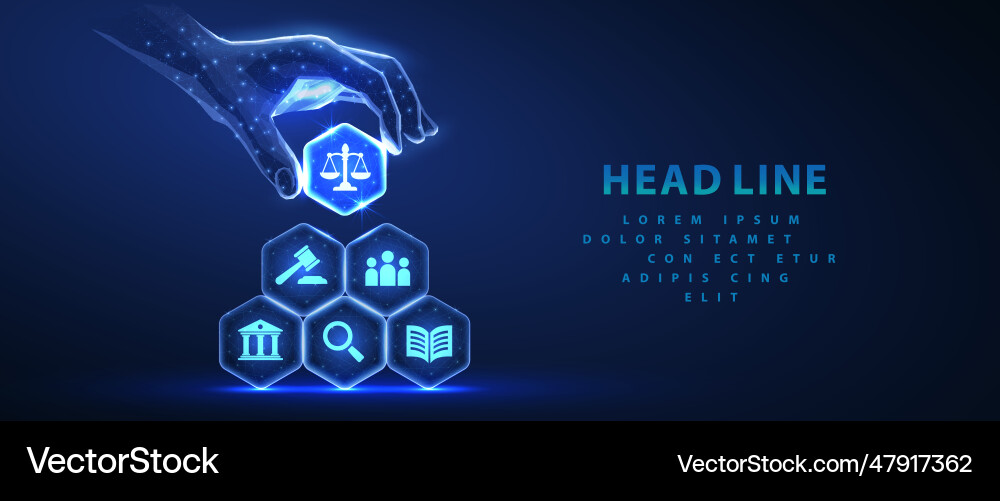 Law system icons on hexagons made pyramid and hand