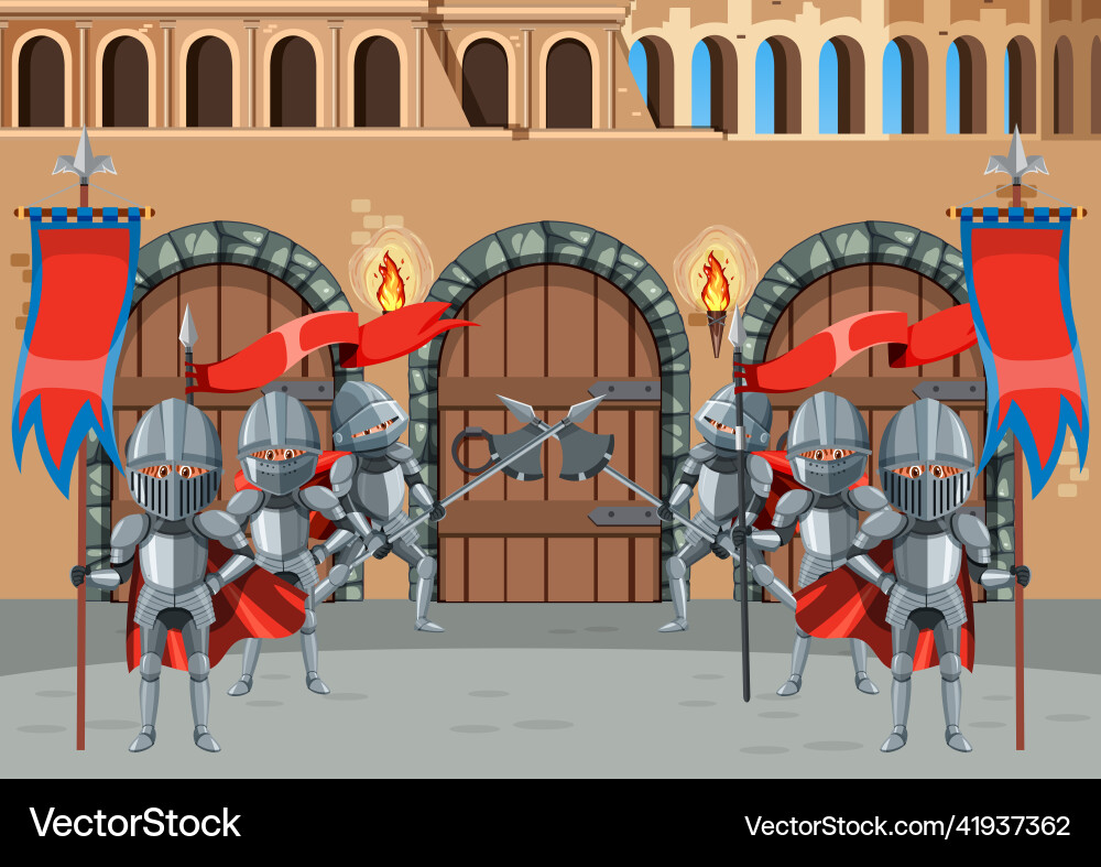 Middle ages with medieval knights in cartoon style