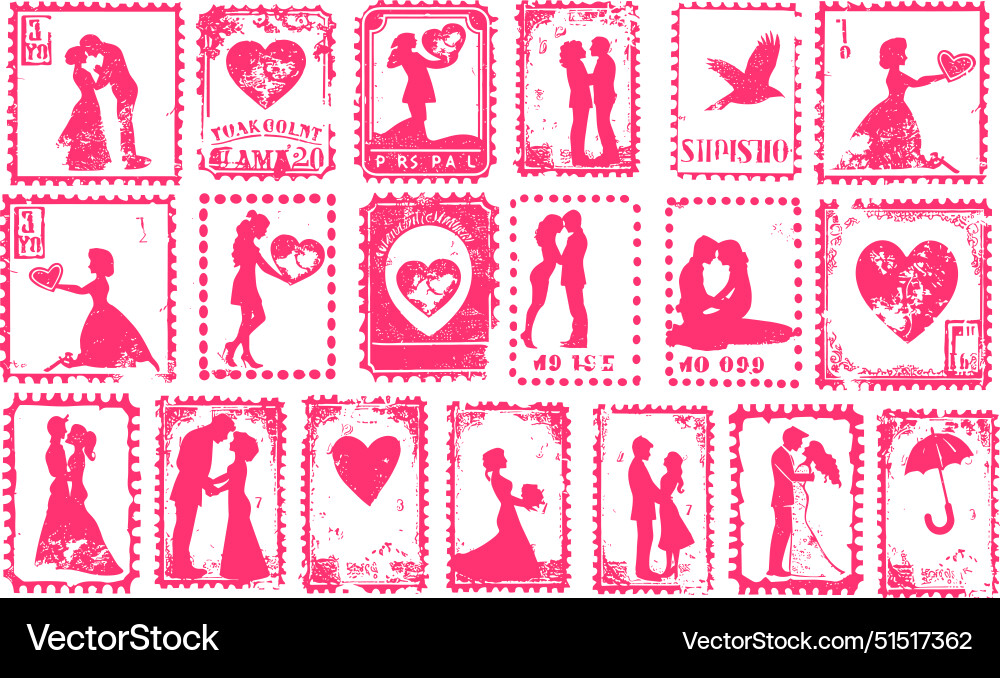 Romantic love postage stamps ink sketch set Vector Image