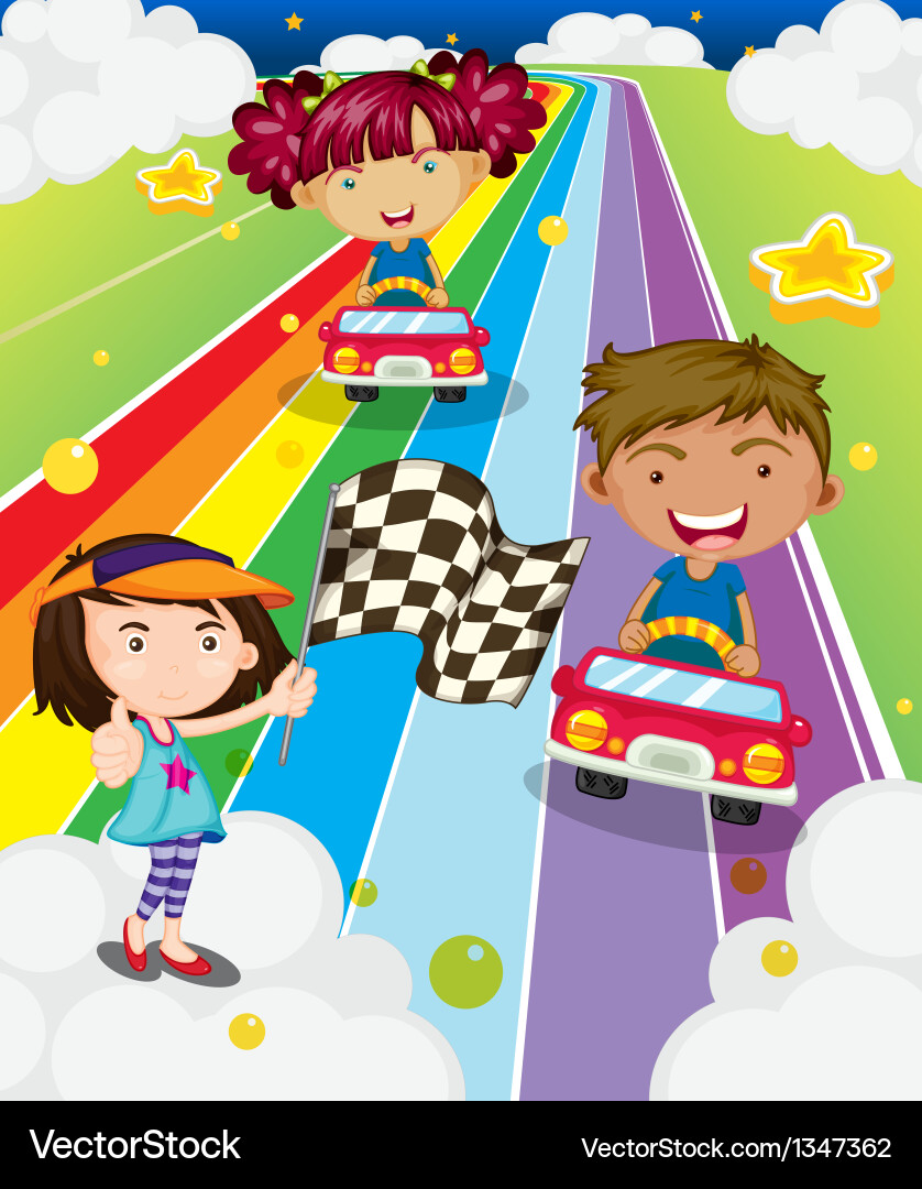 Three kids playing car racing Royalty Free Vector Image