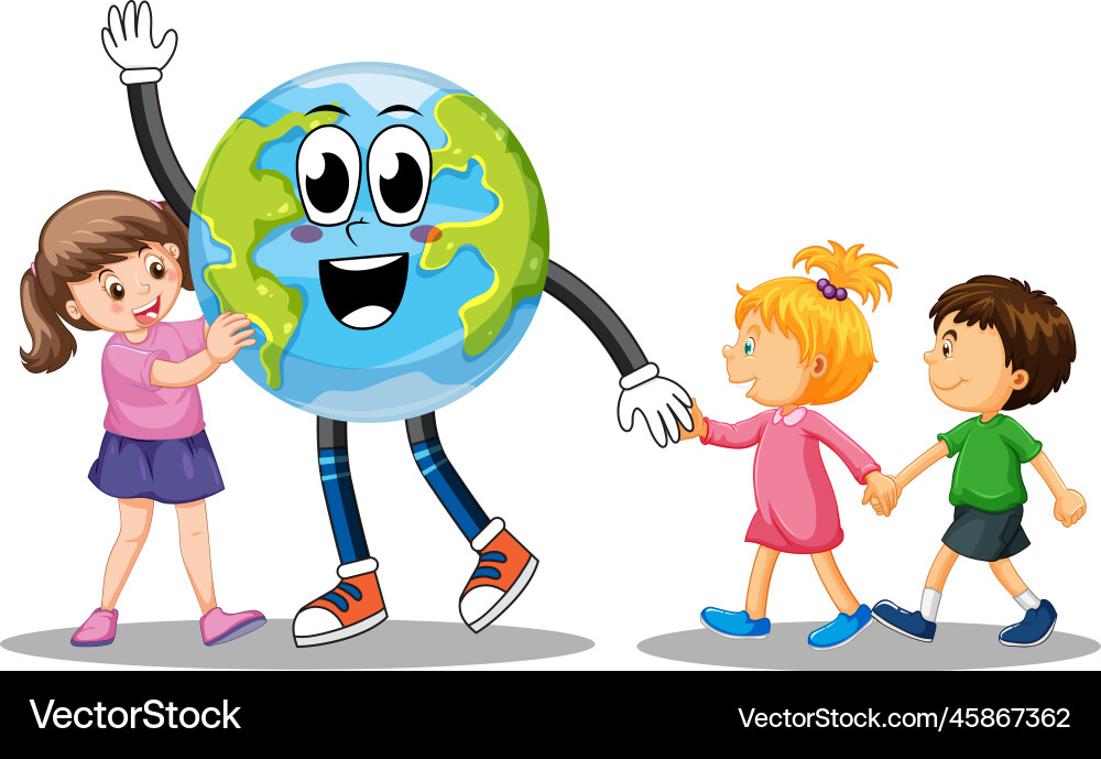 Three kids with cartoon earth globe Royalty Free Vector