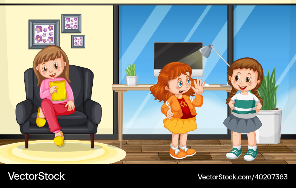 Scene with three girls cartoon character Vector Image
