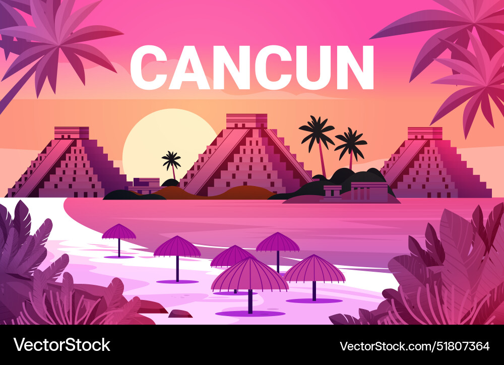 Cancun beach sunset mayan pyramids palm trees – Royalty-Free Vector ...