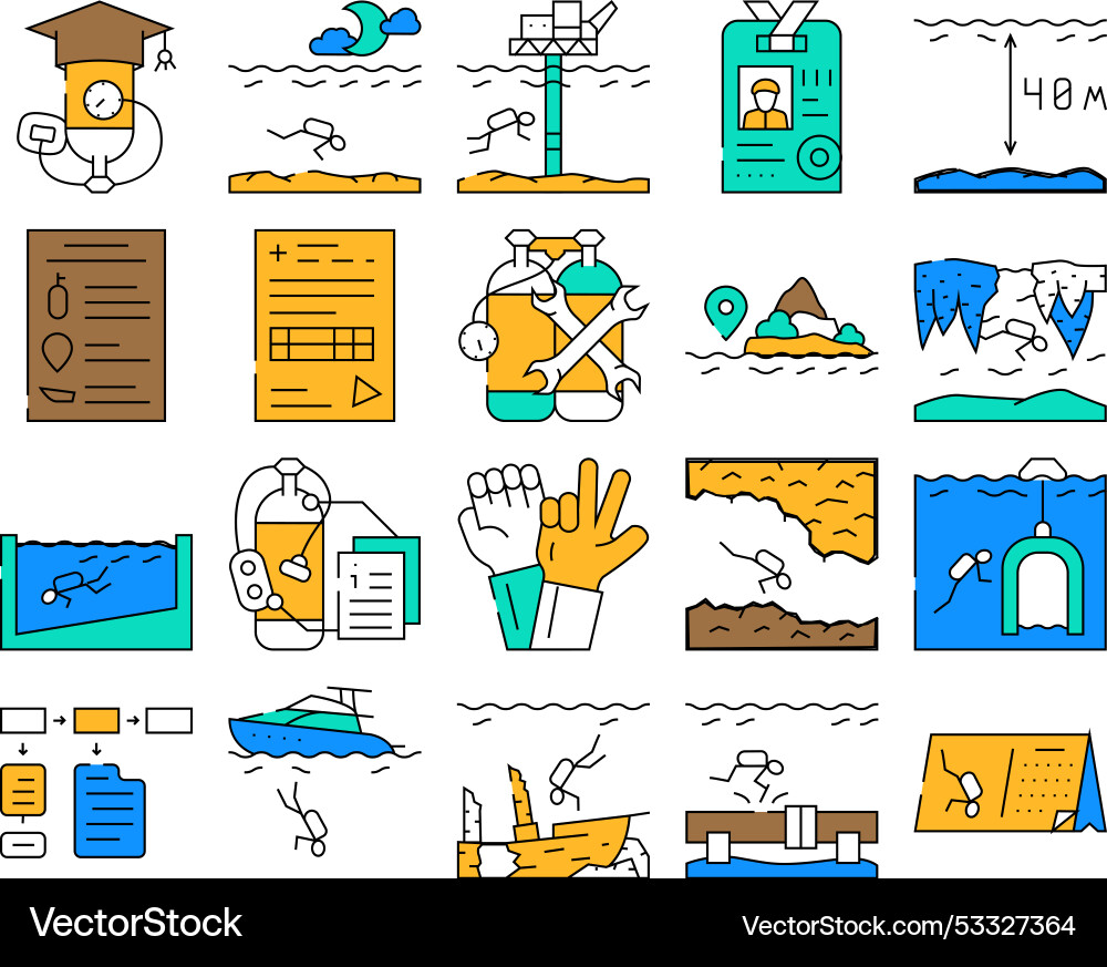 Diving school education lesson icons set Vector Image