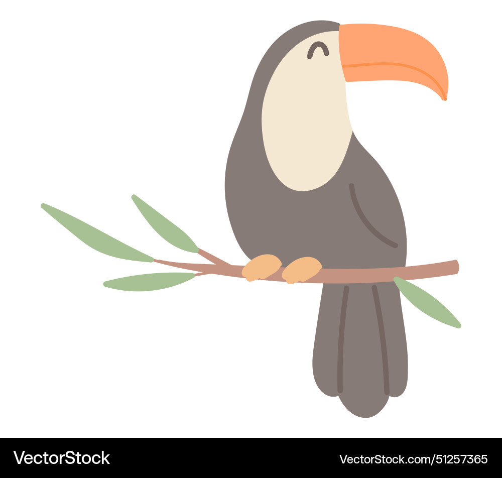 Cute toucan sits on branch in flat design happy Vector Image