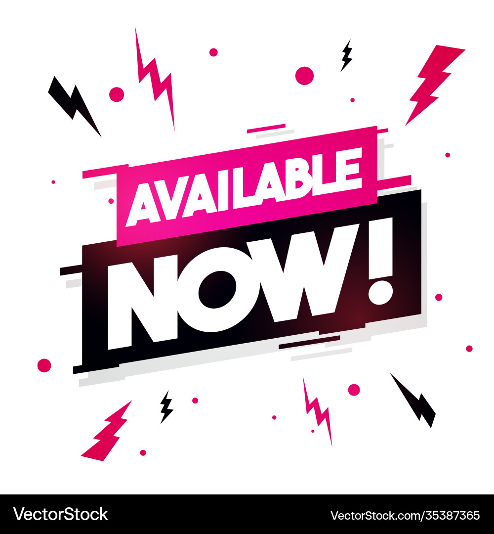 Dynamic glitch label with text available now Vector Image