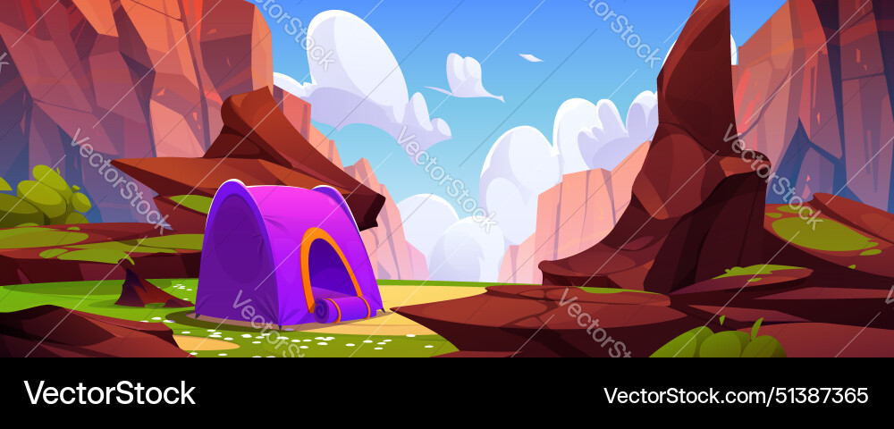 Mountain camp with tent on rock Royalty Free Vector Image