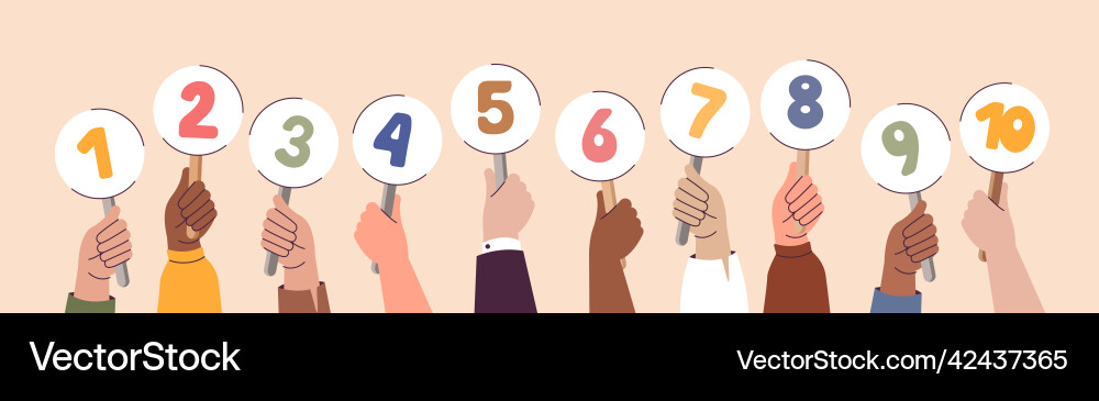 Numbers in hands numeric scorecard for judge Vector Image