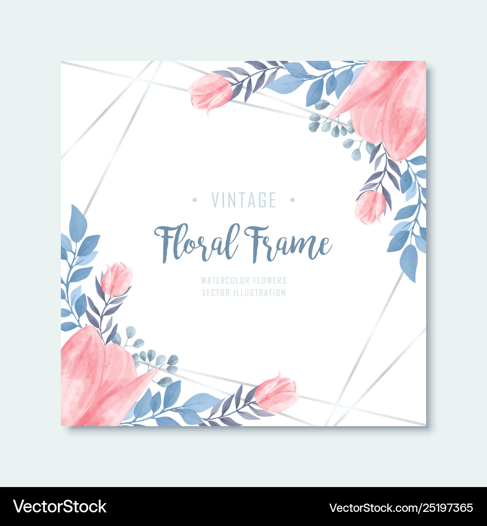 Watercolor Floral Frame - Blue & Pink Vector Image
