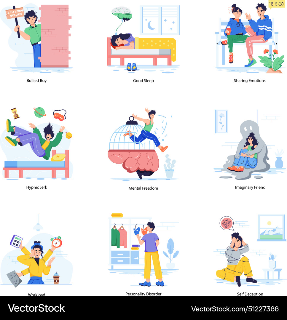 Bundle of psychological problems flat Royalty Free Vector