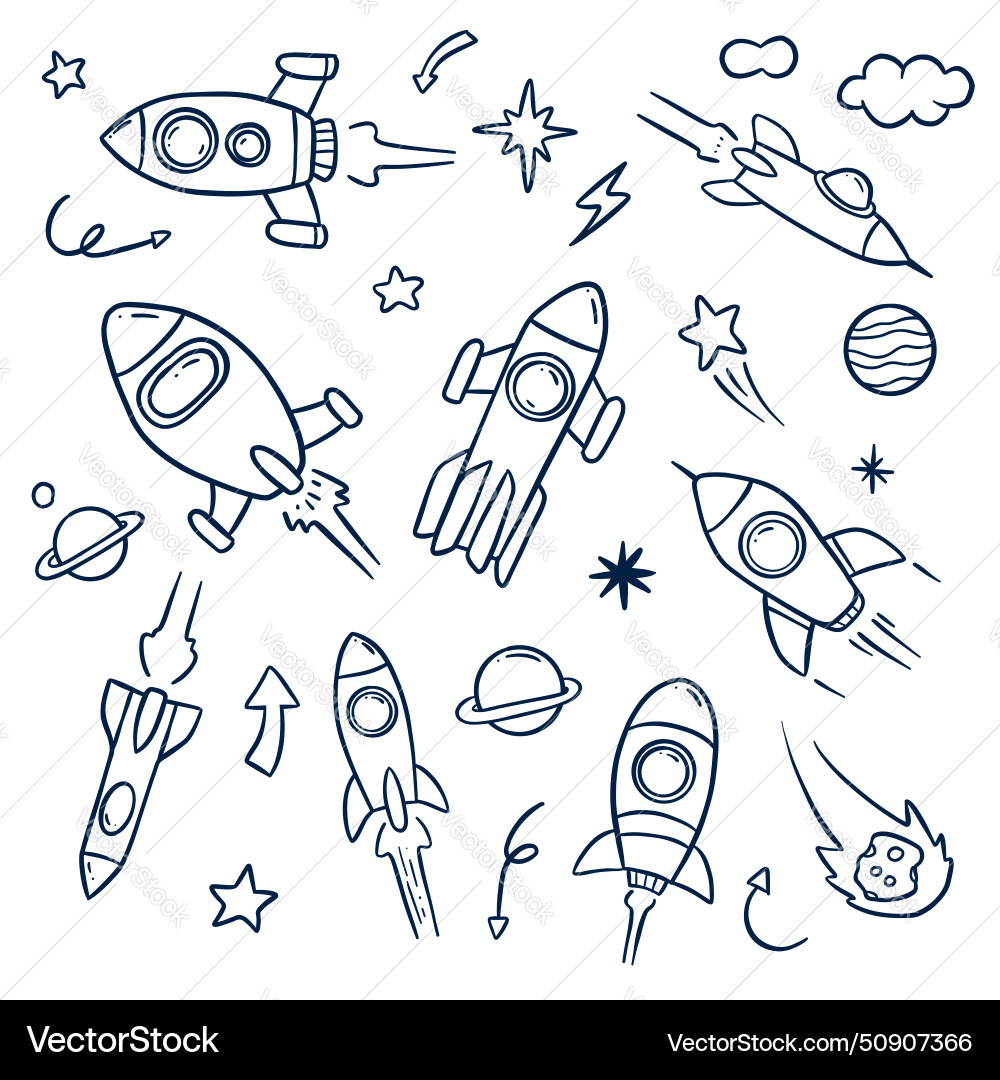 Fun rocket doodle hand drawing set Royalty Free Vector Image