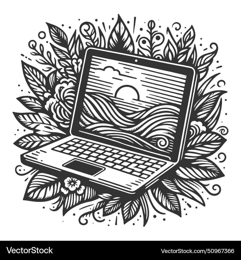 Open laptop engraving sketch Royalty Free Vector Image