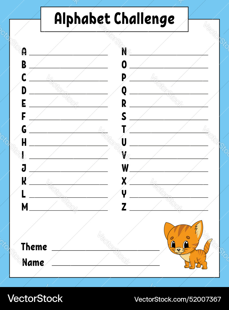 Alphabet challenge educational activity worksheet Vector Image