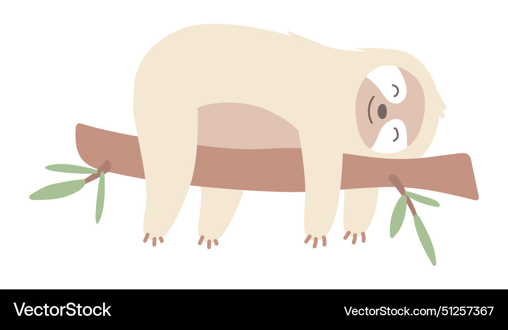 Cute sloth laying on branch in flat design happy Vector Image