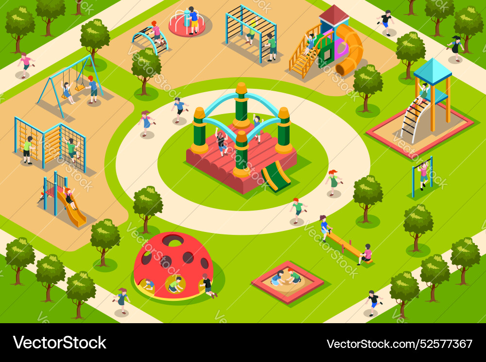 Isometric map of kids playing in a playground Vector Image