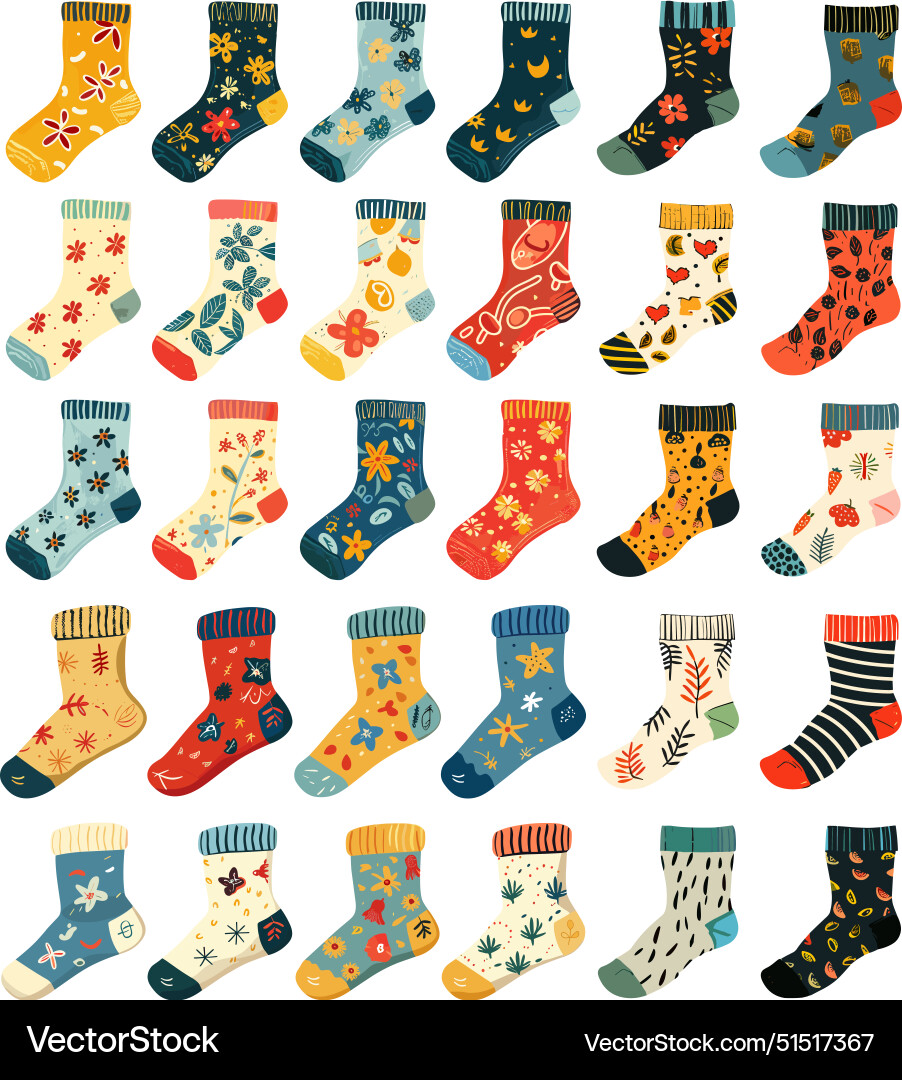 Socks cartoon set knitted patterns textile Vector Image