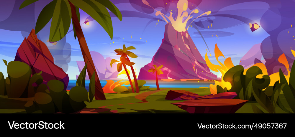 Volcano eruption landscape cartoon background Vector Image