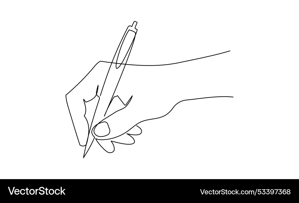 Hand holding pen and writing in one continuous Vector Image