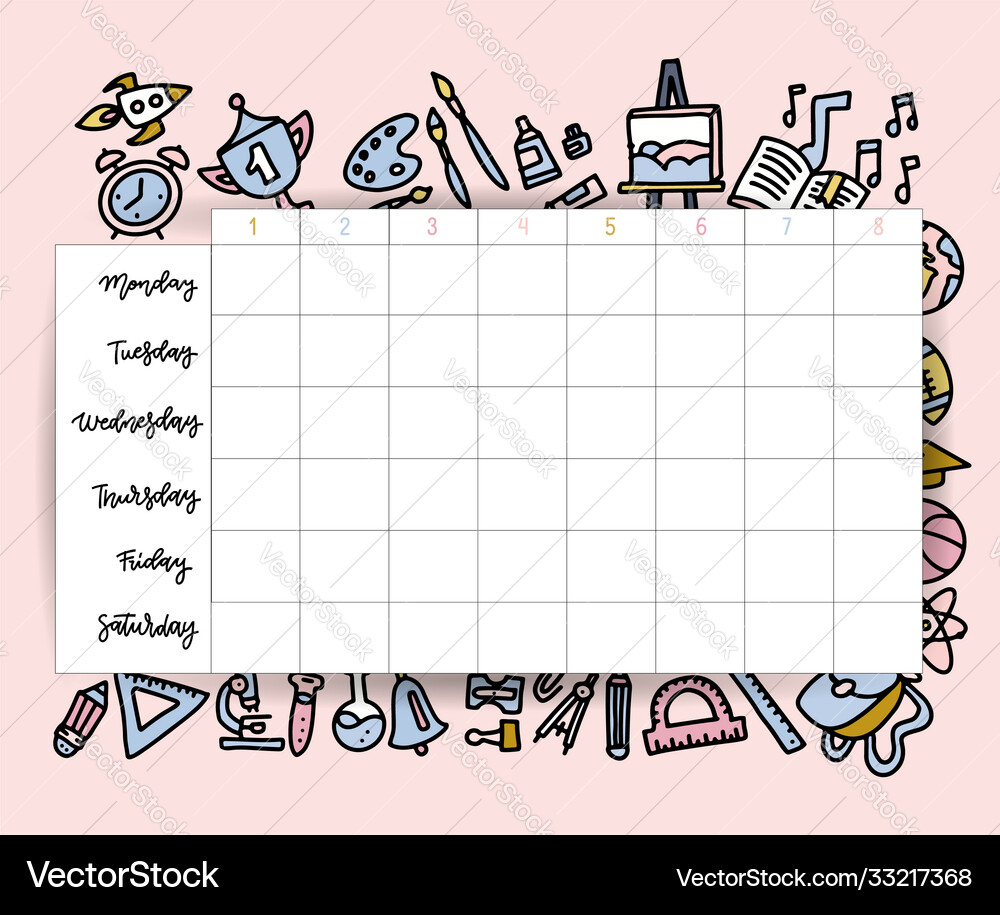School timetable schedule template student lesson Vector Image