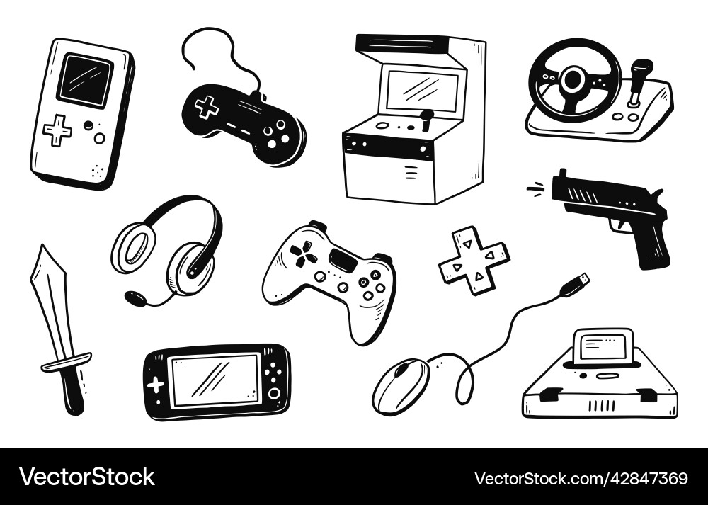Video game hand drawn doodle set gamer Royalty Free Vector