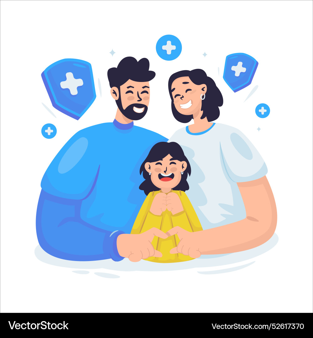 Happy family protects junior with insurance Vector Image